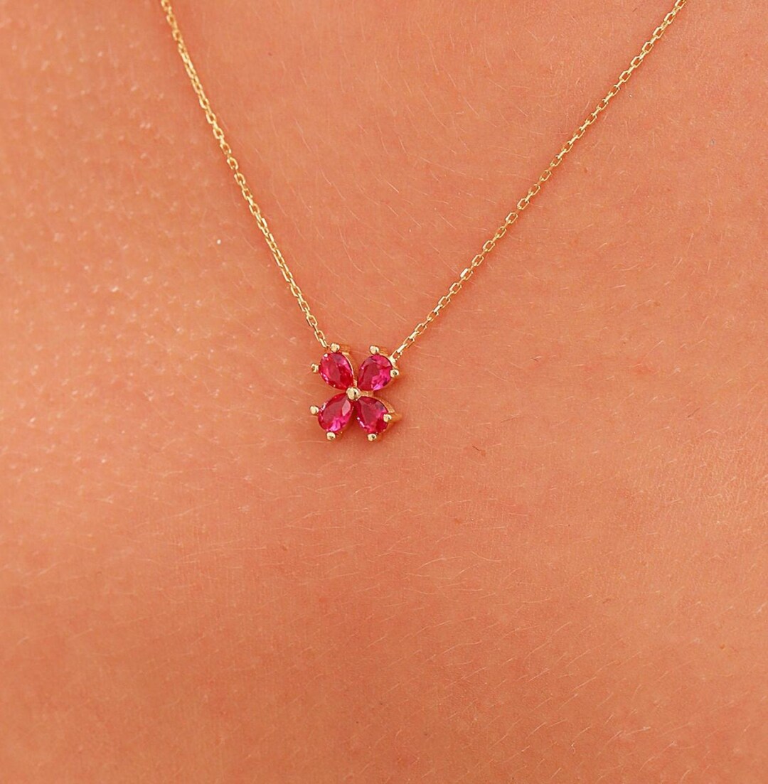 14K Gold Ruby Necklace, Minimalist Clover Ruby Necklace, 14K Solid Gold ...
