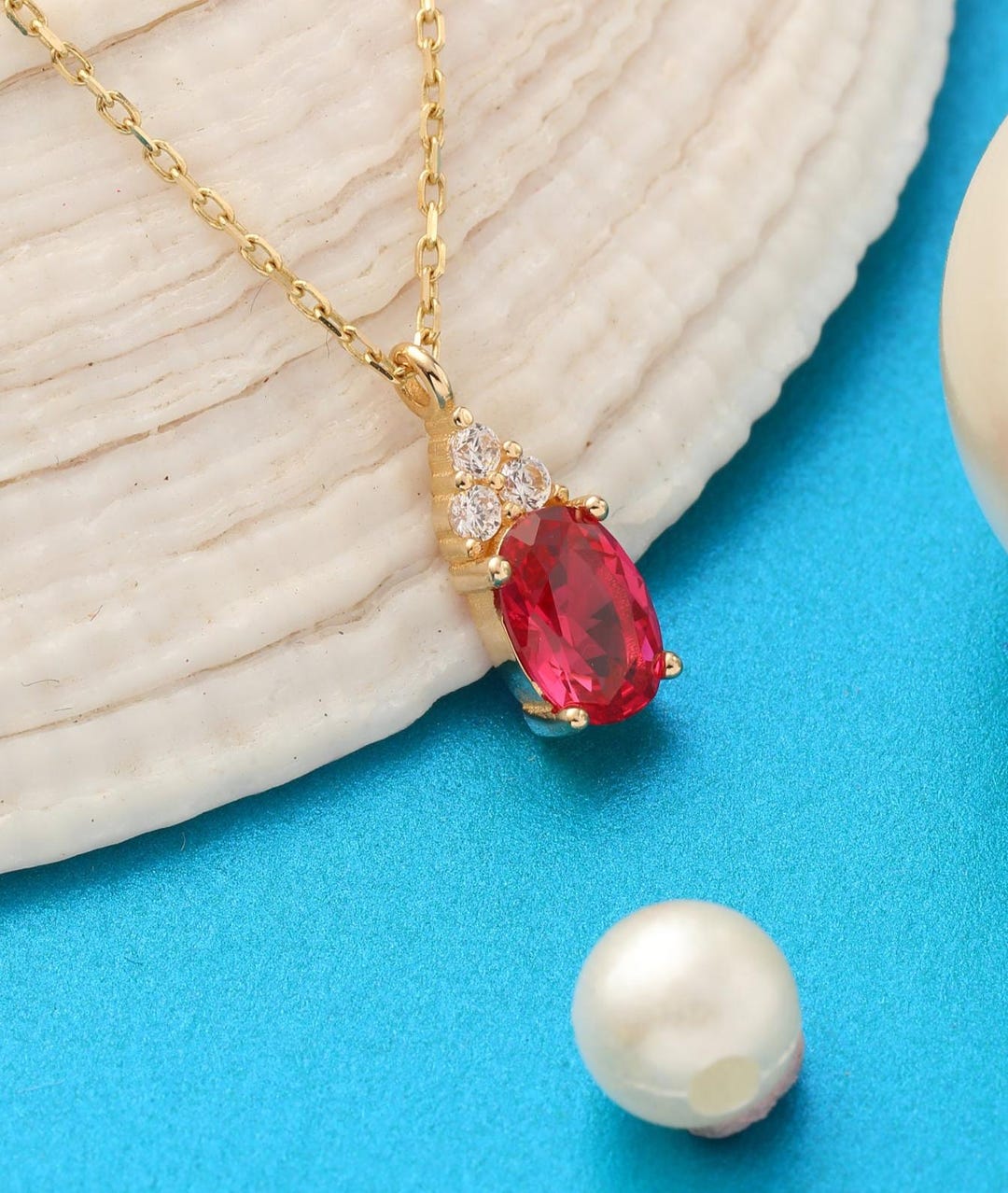 Ruby Necklace, 14K Solid Gold Ruby Necklace, Dainty Initial Ruby ...