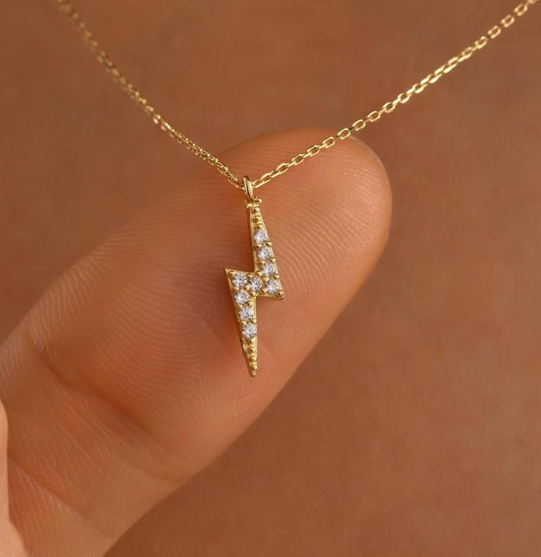 Handmade Lightning Bolt Necklace, 14K Solid Gold Celestial Necklace ...