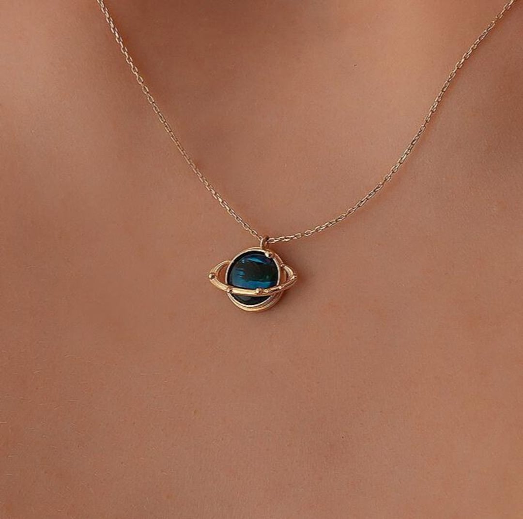 14K Gold Space Necklace, Handmade Gold Saturn Necklace, 14K Solid Gold ...