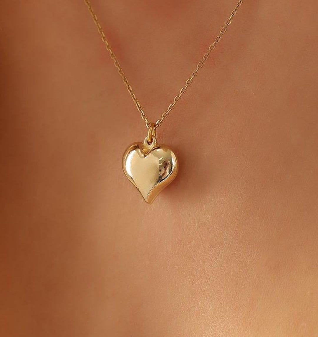 14K Gold Heart Necklace, 14K Real Gold Balloon Heart Necklace, Dainty ...