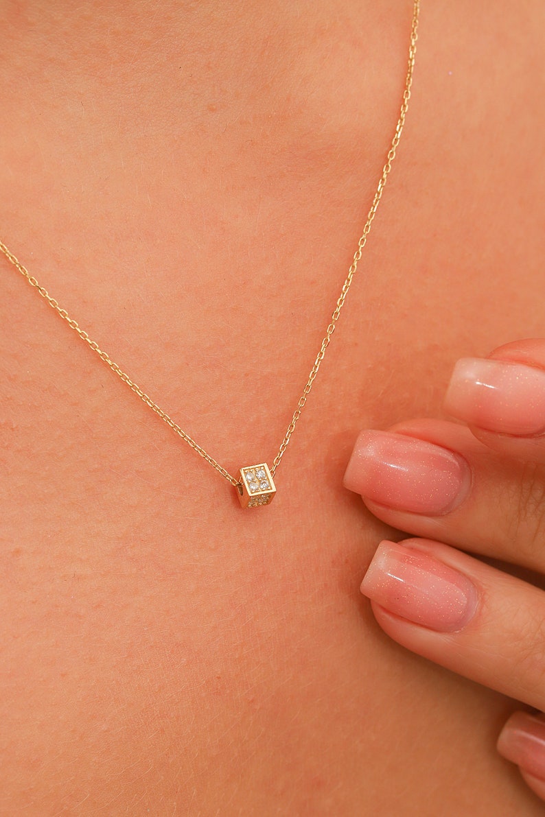 14K Gold Cube Necklace, 14K Solid Gold Cube Necklace, Minimalist Cube ...