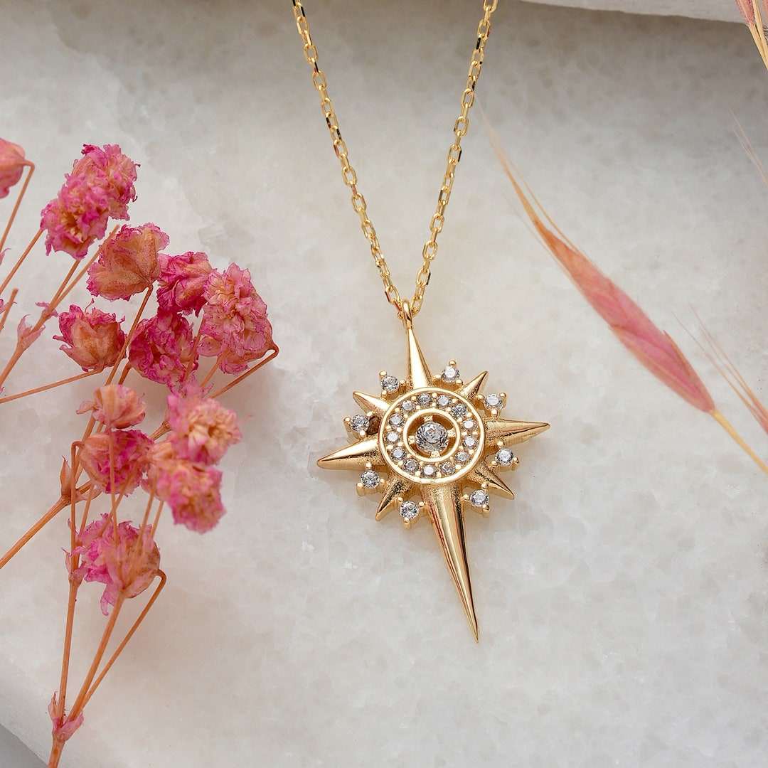 14K Gold North Star Necklace, Minimalist Gold Star Pendant, 14K Solid ...