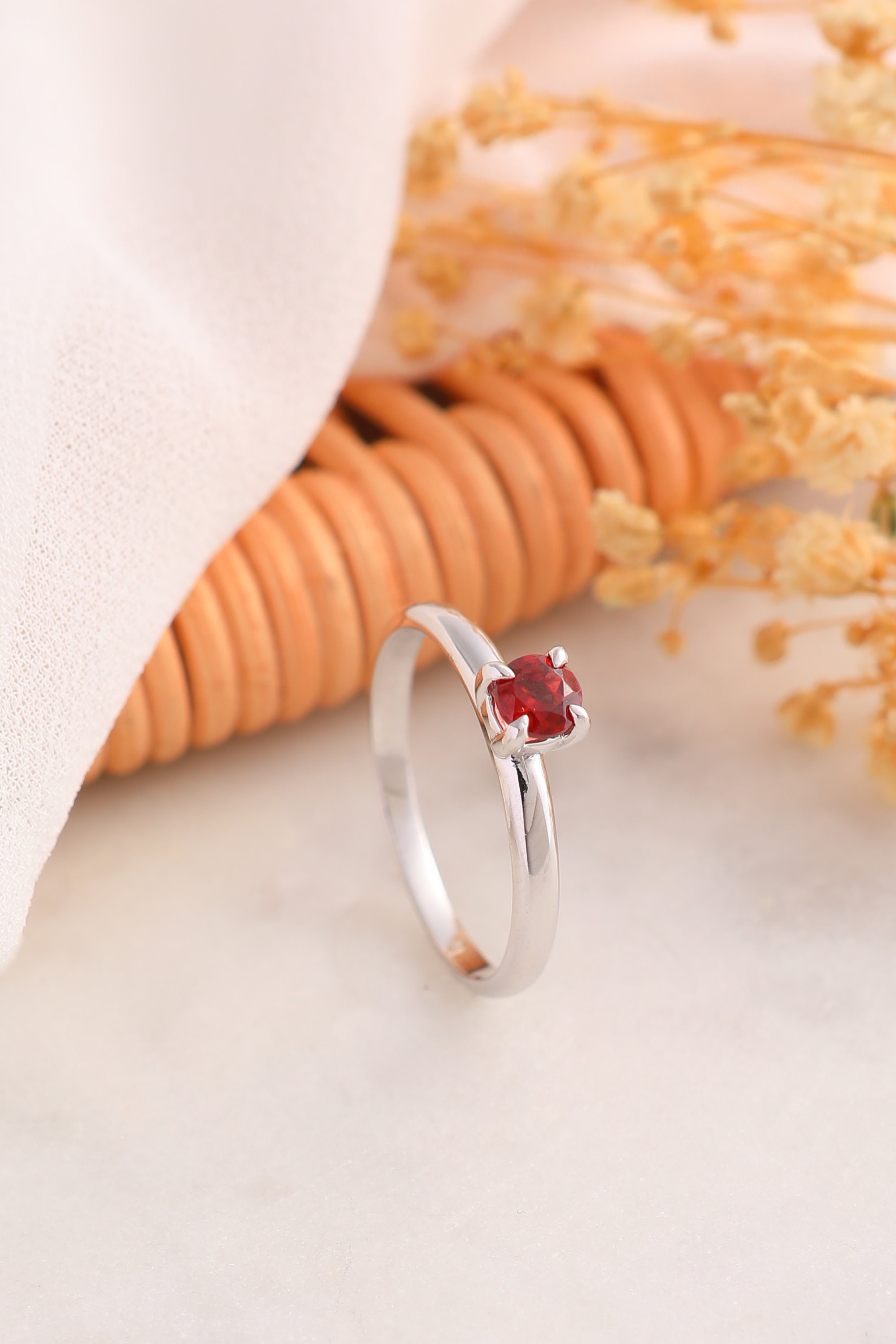 14K Gold Ruby Ring, Solid 14K Gold Engagement Ring, Dainty Initial Ruby ...
