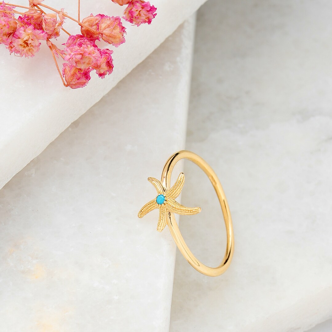 Starfish Ring, Dainty Initial Sea Animal Ring, 14K Real Gold Starfish ...