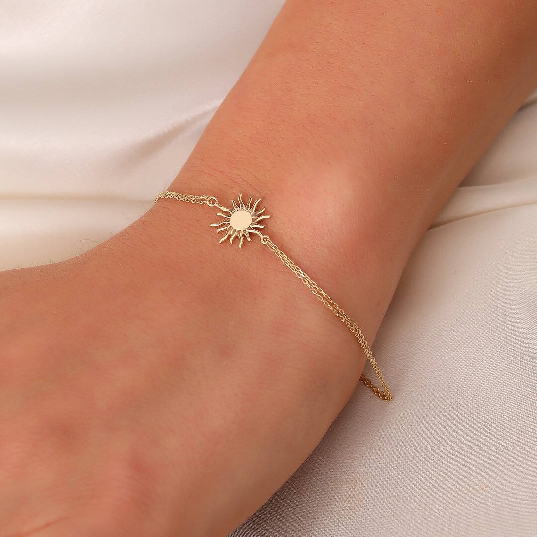 Sun Bracelet, 14K Real Gold Sun Bracelet, Dainty Initial Sun Bracelet, Minimalist Sun Bracelet ...