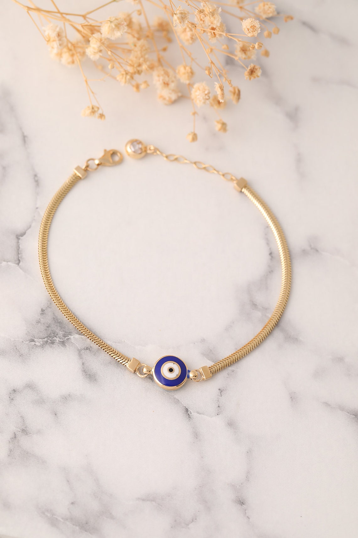 14K Gold Eye Bracelet, 14K Solid Gold Evil Eye Bracelet, Dainty Custom ...