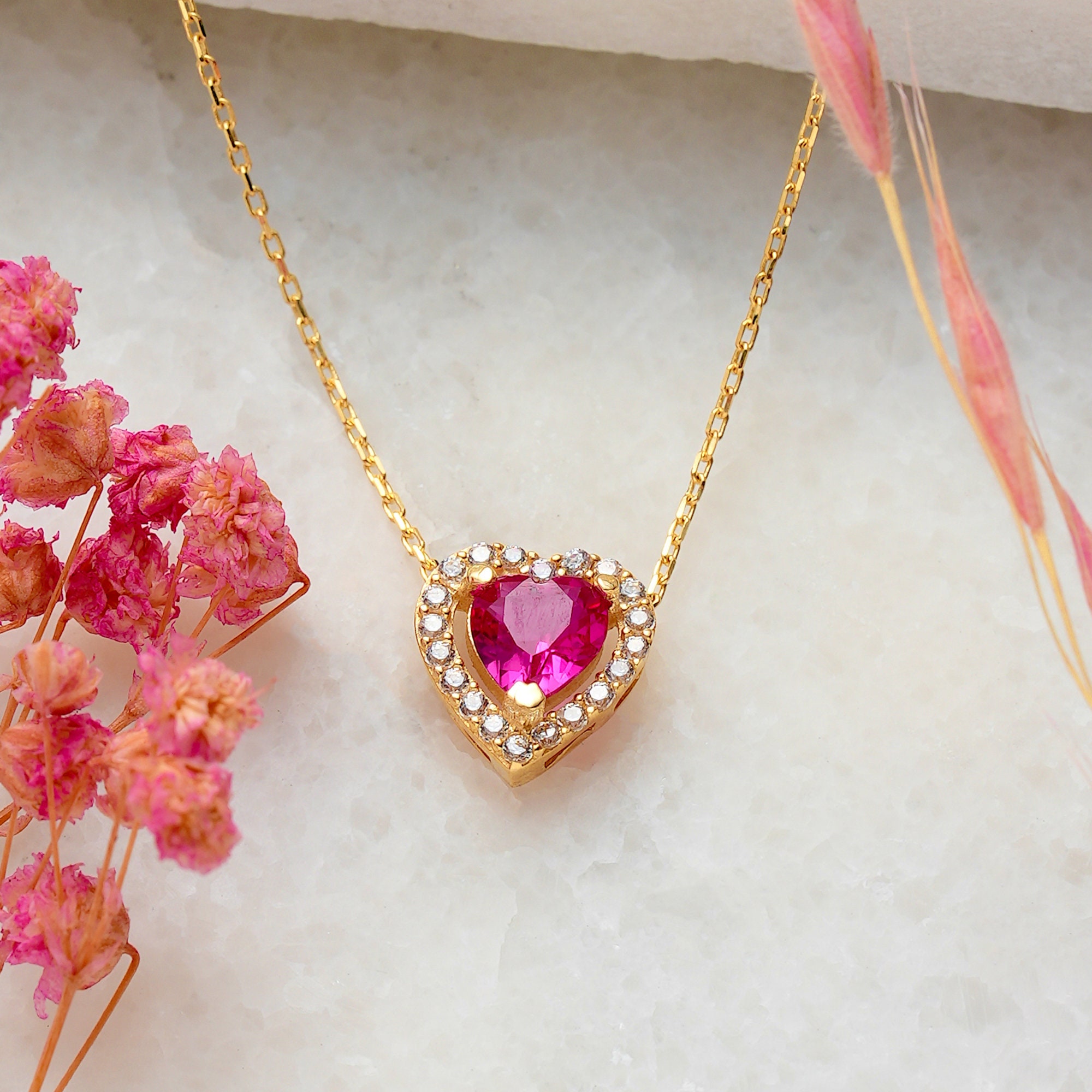 14K Gold Ruby Necklace, 14K Solid Gold Engagement Necklace, Dainty ...