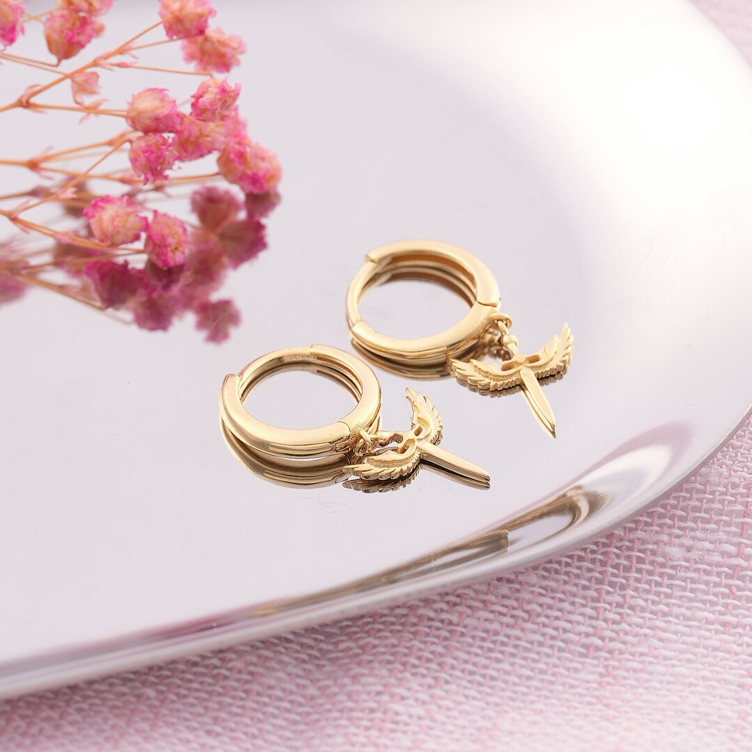 Tiny Angel Earrings, 14K Solid Gold Angel Earrings, Dainty Initial ...