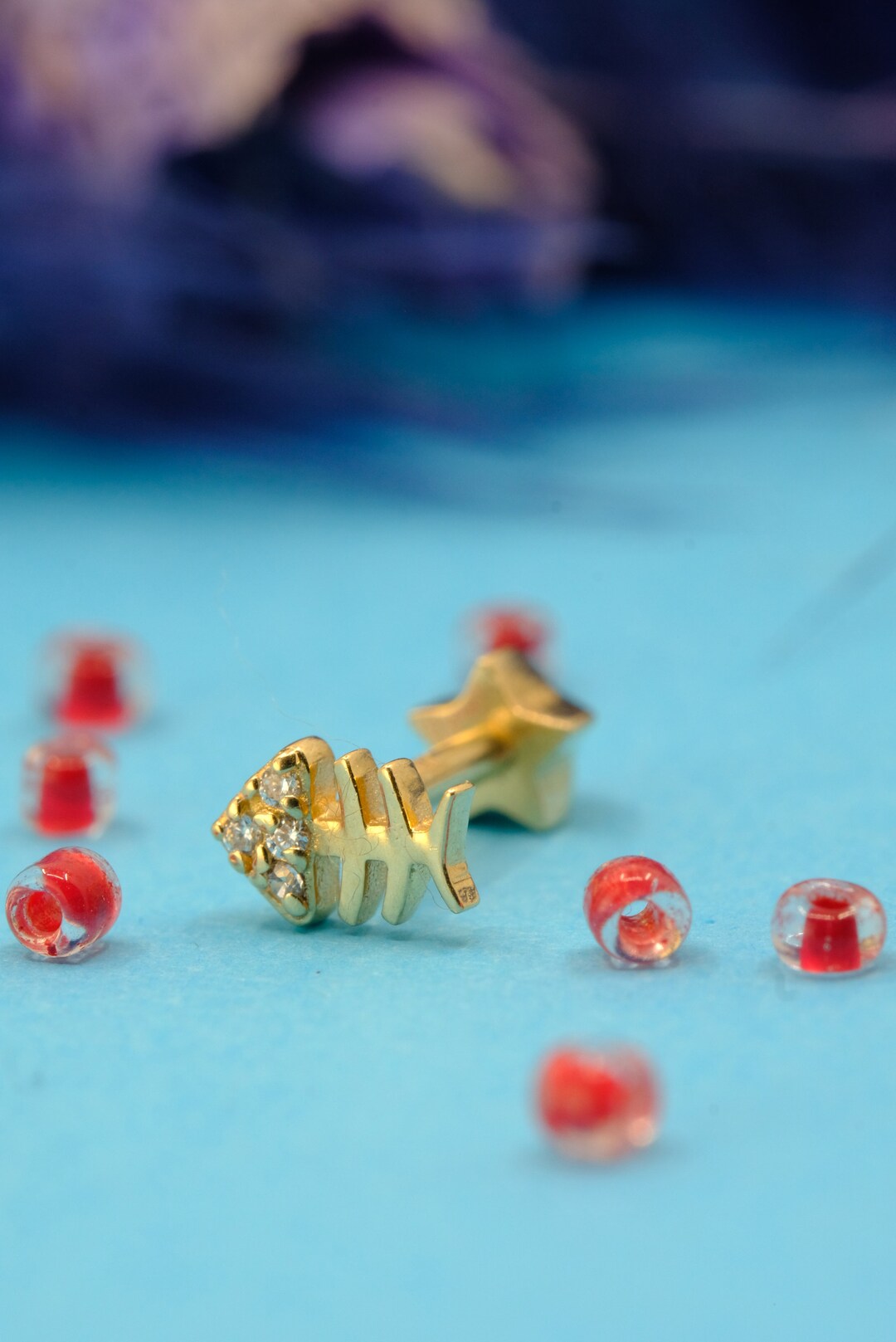 14K Gold Fish Earring, Handmade Gold Fish Tragus, 14K Solid Gold Animal ...