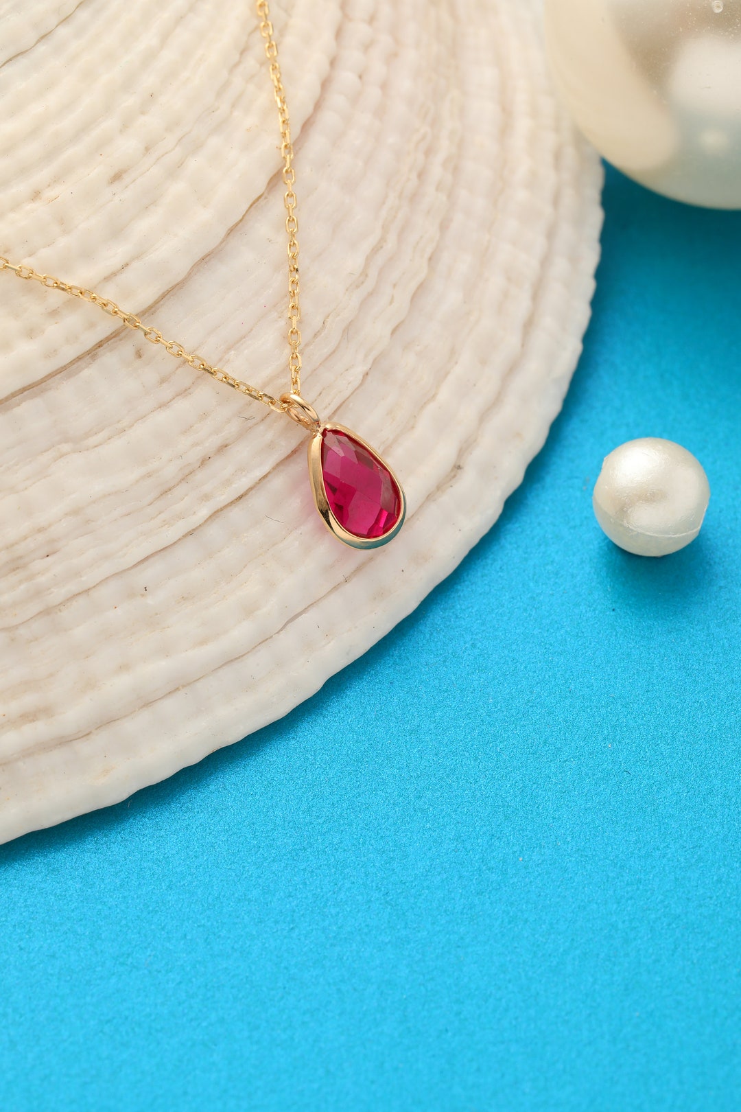 Tiny Ruby Necklace, Real 14K Gold Anniversary Necklace, Dainty Initial ...