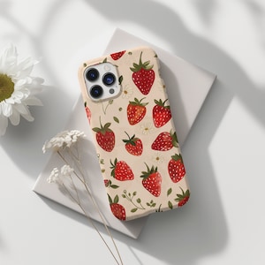 Cute Strawberry Pattern Aesthetic Phone Case, Fruit Berries Watercolor ...