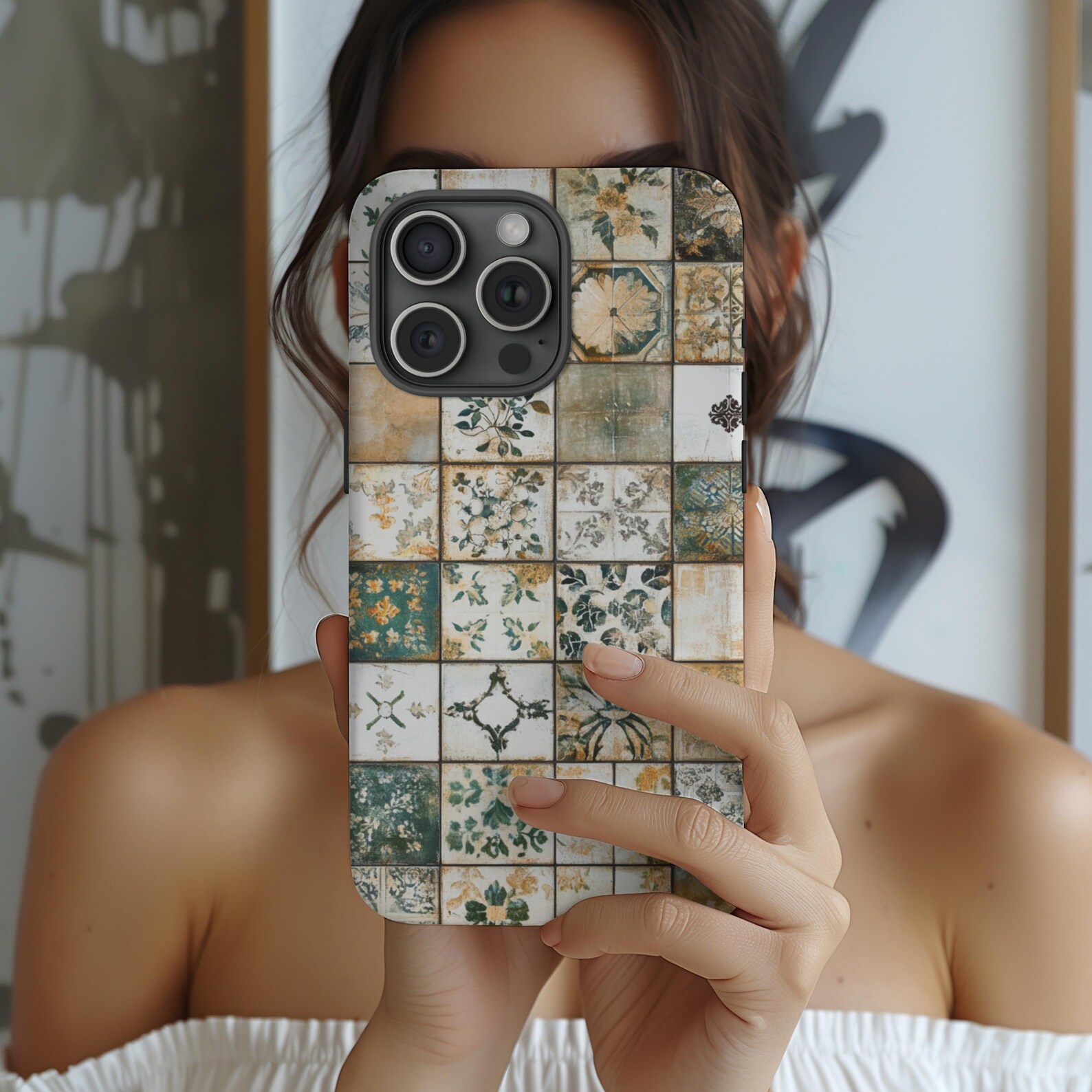 Vintage Tile Phone Case Elegant Patchwork Unique Aesthetic iPhone 16 15 ...