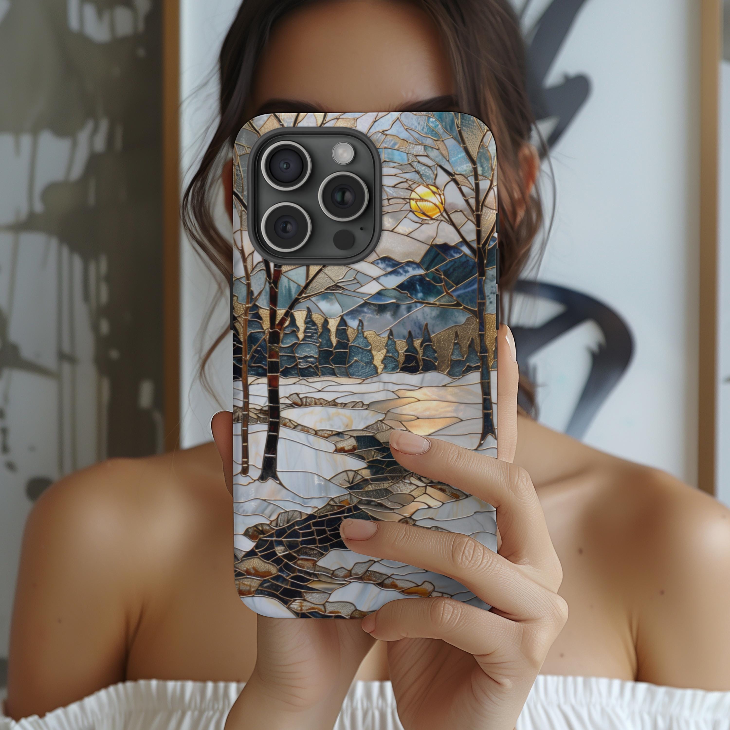 Winter Landscape Stained Glass Mosaic Phone Case Aesthetic Nature Frosty Snow iPhone 15 14 13 12 ...