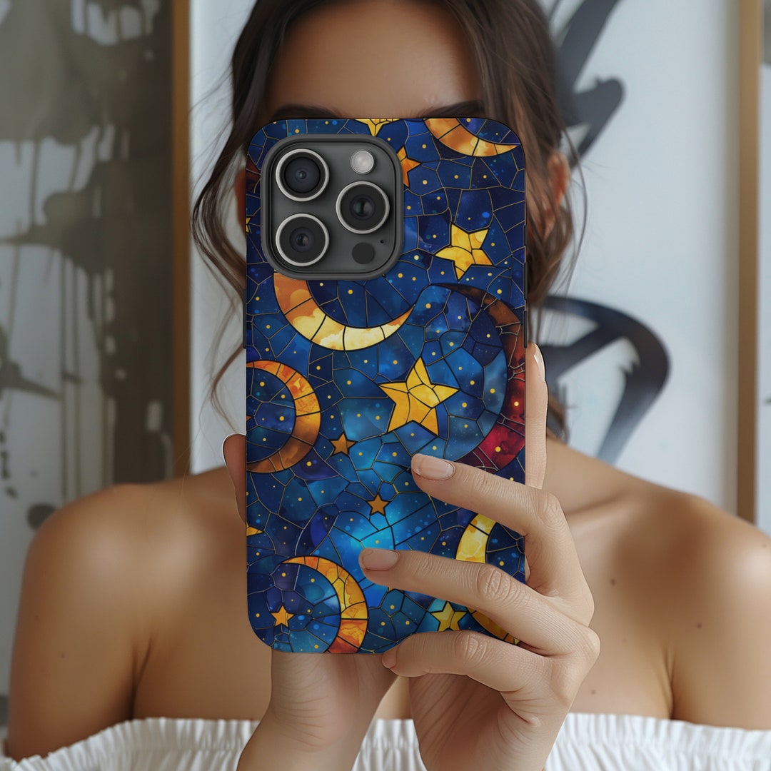 Celestial Moon and Stars Night Sky Stained Glass Phone Case Vintage ...