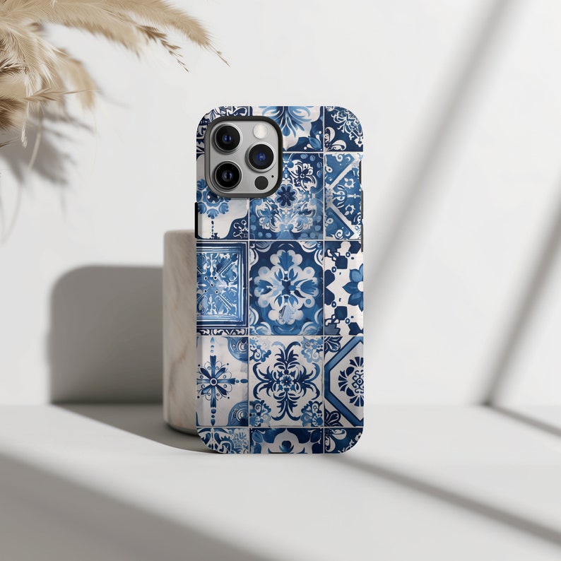 Tile Toile Mosaic Coastal Blue Aesthetic Phone Case, Porcelain Theme ...