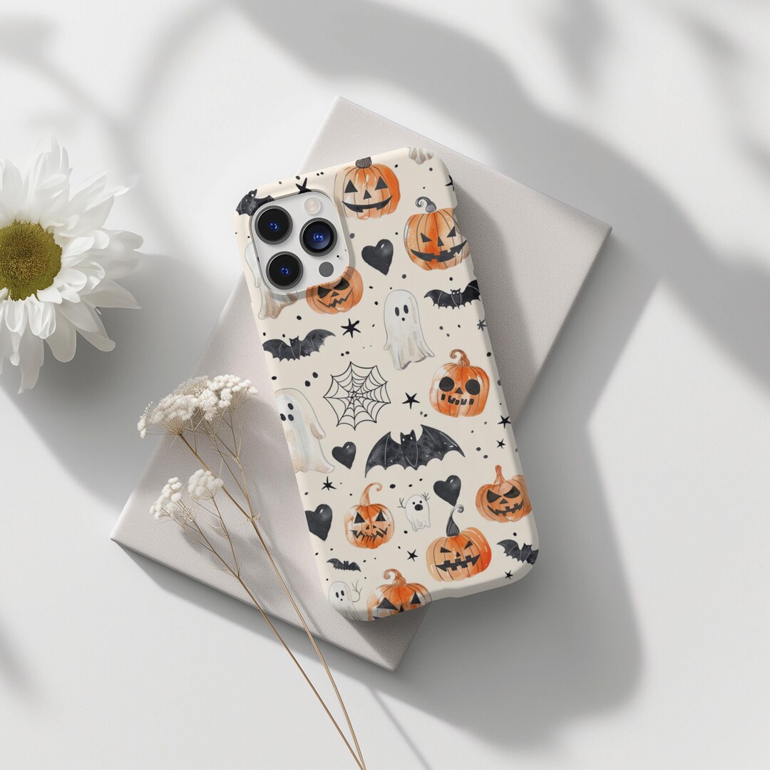 Halloween Pumpkin Ghost Bat Phone Case, Watercolor Aesthetic Fall ...