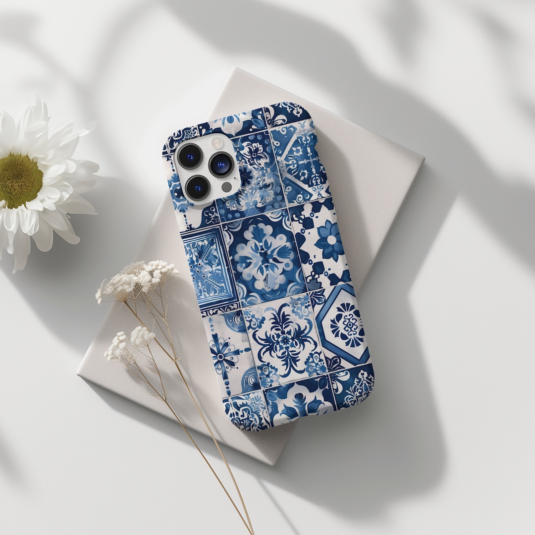 Tile Toile Mosaic Coastal Blue Aesthetic Phone Case, Porcelain Theme ...