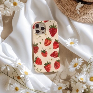 Cute Strawberry Pattern Aesthetic Phone Case, Fruit Berries Watercolor ...