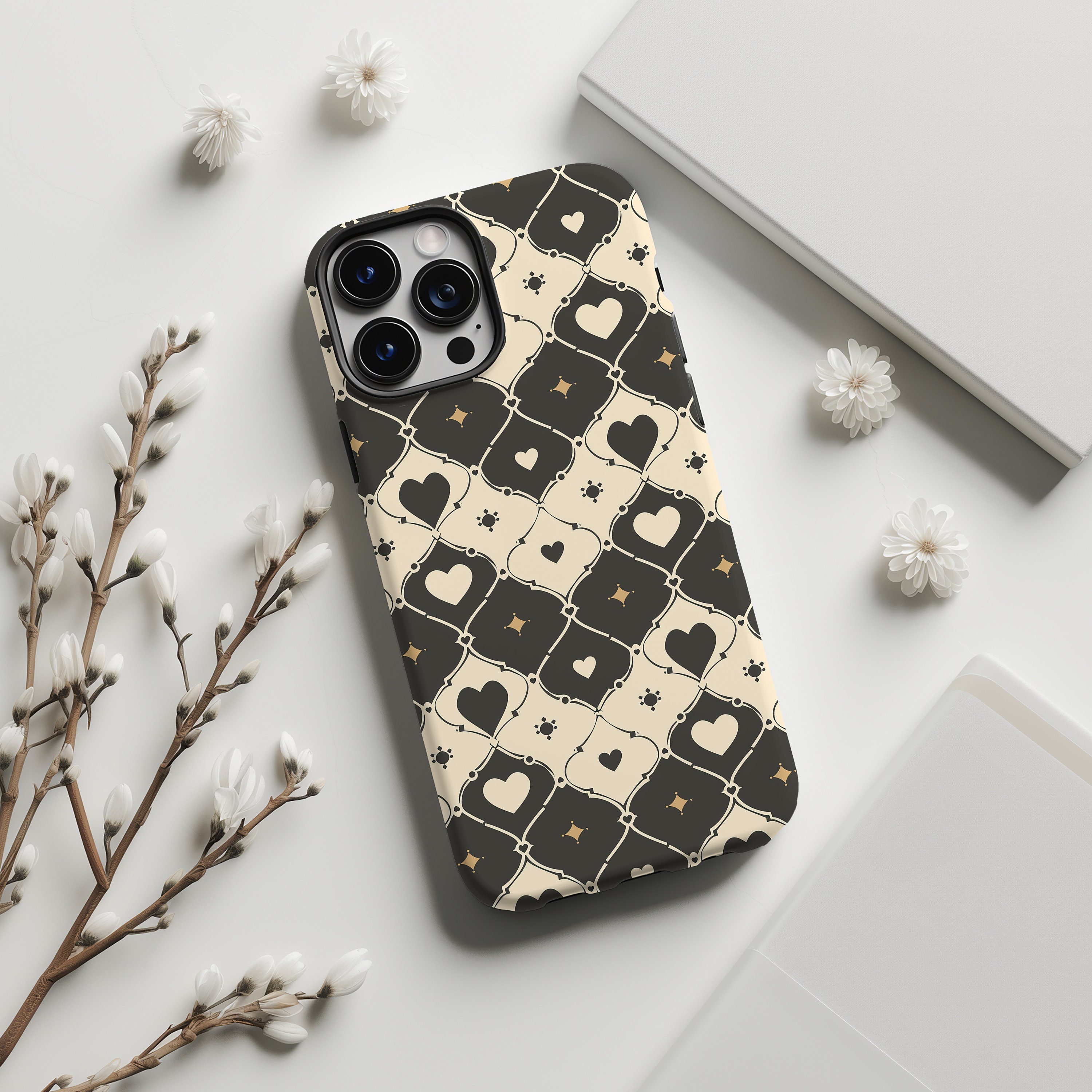 Vintage Heart Tile Toile Mosaic Black and White Aesthetic Phone Case ...