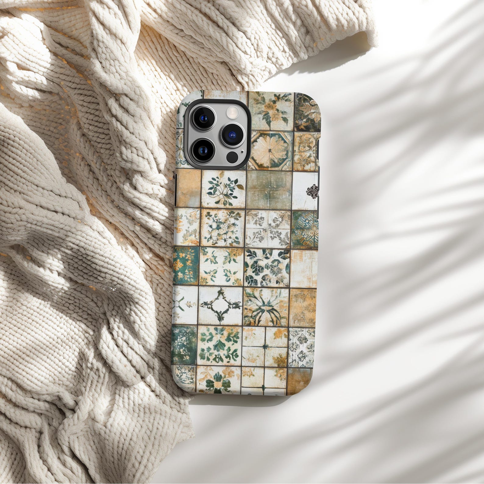 Vintage Tile Phone Case Elegant Patchwork Unique Aesthetic iPhone 16 15 ...