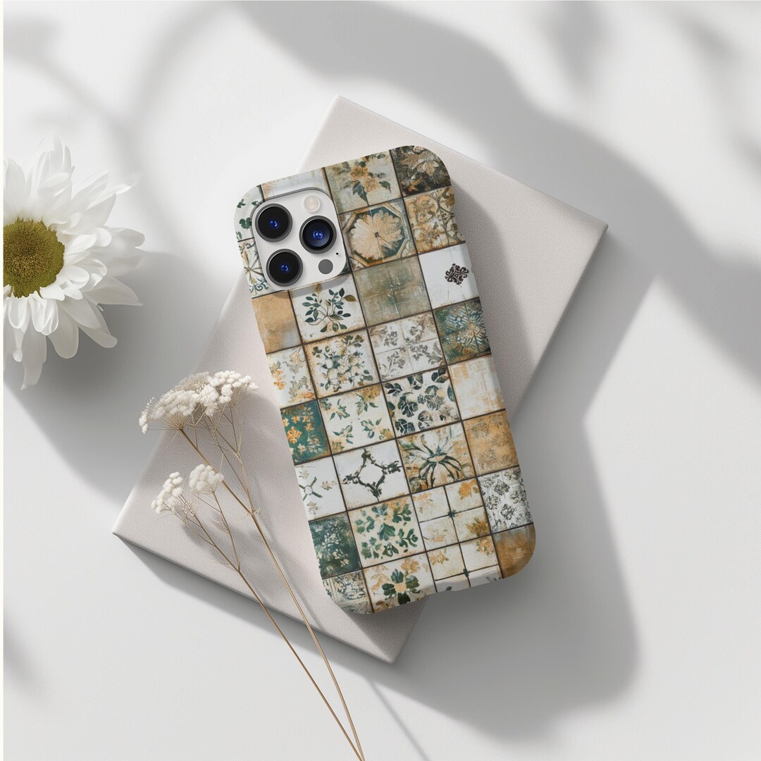 Vintage Tile Phone Case Elegant Patchwork Unique Aesthetic iPhone 16 15 ...