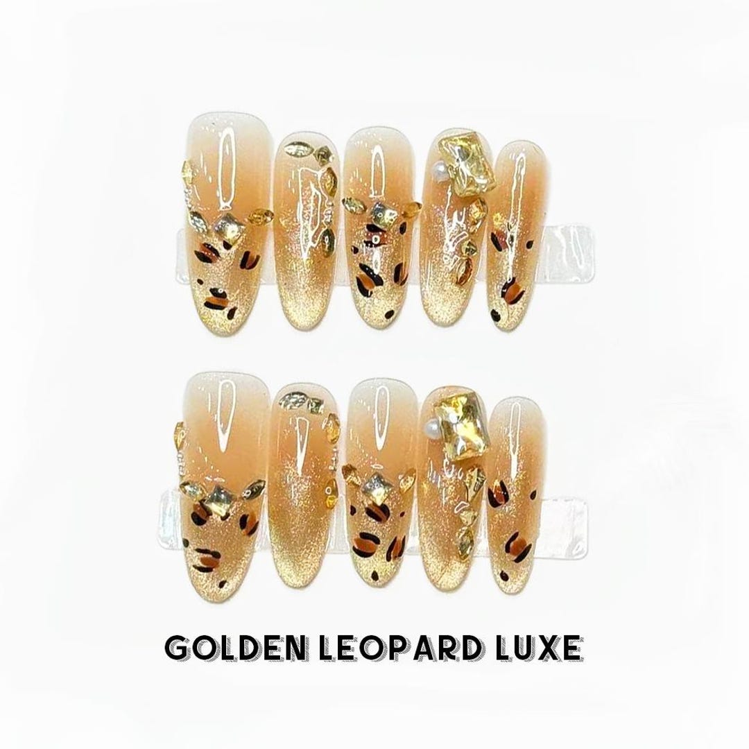 Golden Leopard Luxe Handmade Press on Nails Sparkling Leopard Fake ...