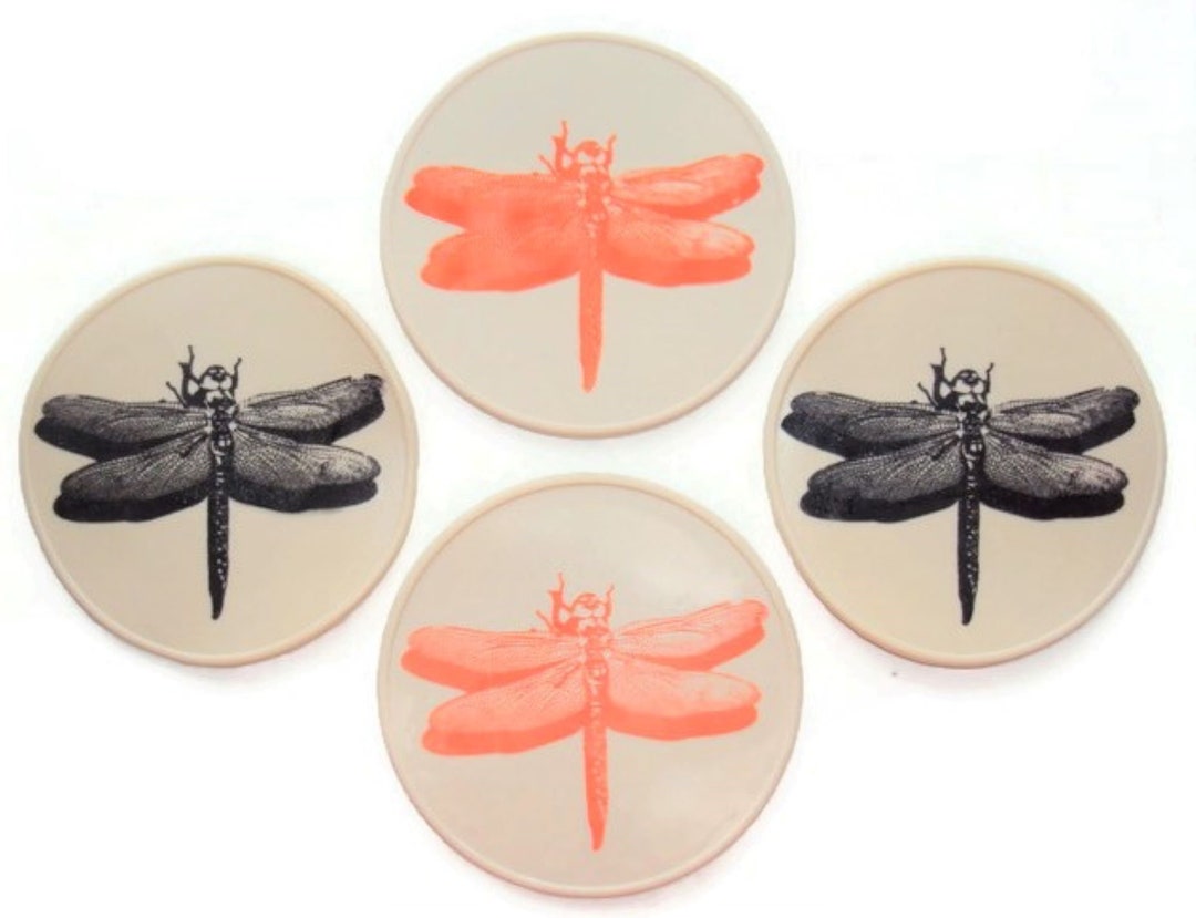 Beige Orange & Black Silicone Dragonfly Table Coasters, Bottle Opener ...