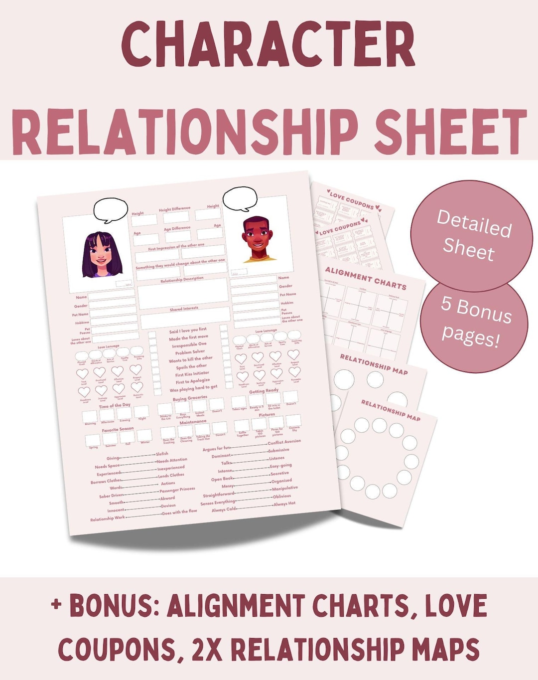 Character Relationship Sheet, Digital or Printable Character ...