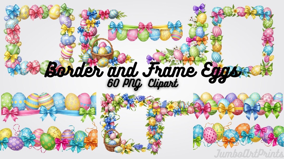 Easter Egg Border Frame Clipart – Spring Bows, Pastel Eggs (digital ...