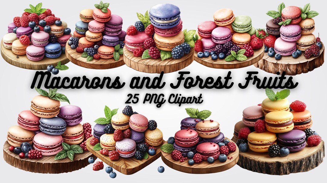 Macarons & Forest Berries Clipart: 25 PNG Illustrations (digital ...