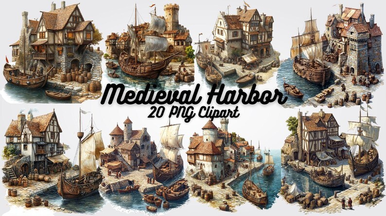 Medieval Harbor Clipart: Historic Ships & Docks (20 Pngs) - Etsy