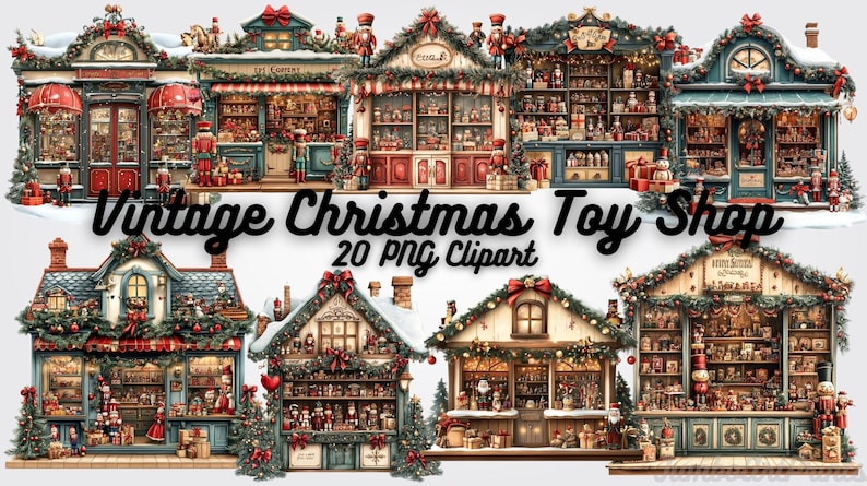 Vintage Christmas Toy Shop Clipart: Festive Holiday PNG Graphics (12x12 ...