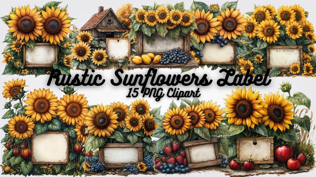 Rustic Sunflower Label Clipart: Vintage Floral Stickers (digital ...