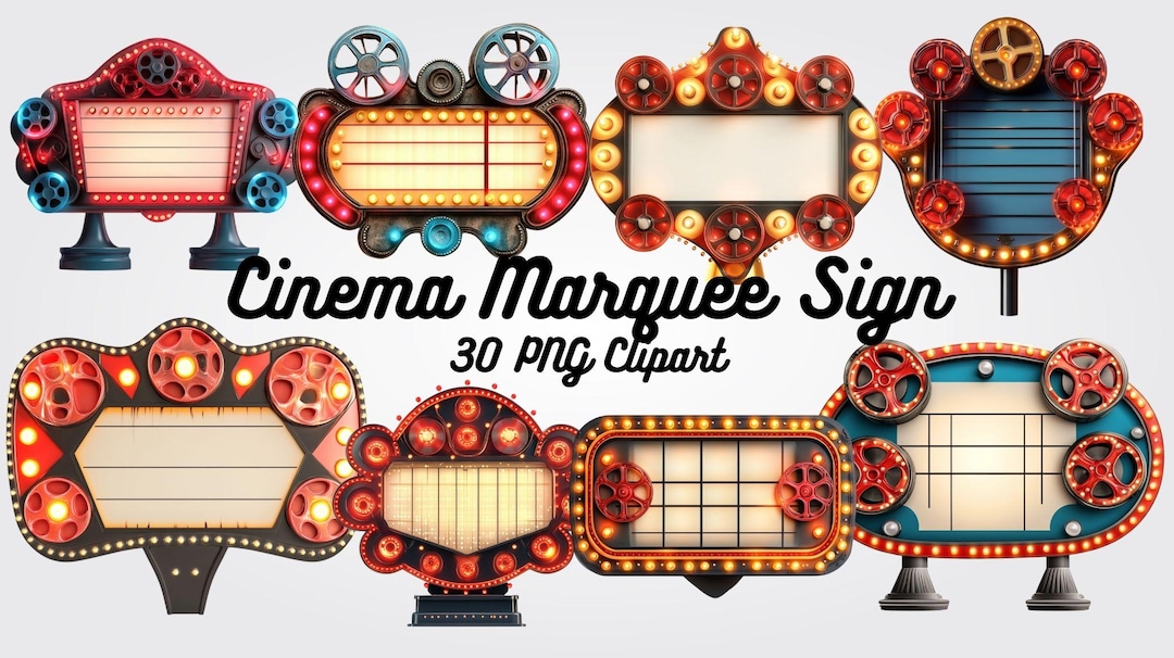 Cinema Marquee Sign Clipart: 30 Retro Movie Theater PNG Images (digital ...