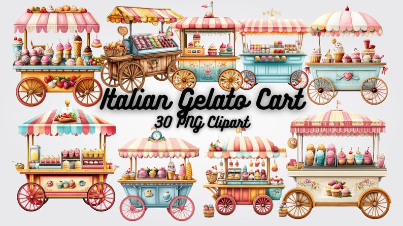 Vintage Gelato Cart Clipart: Italian Ice Cream Illustrations (30 PNG ...