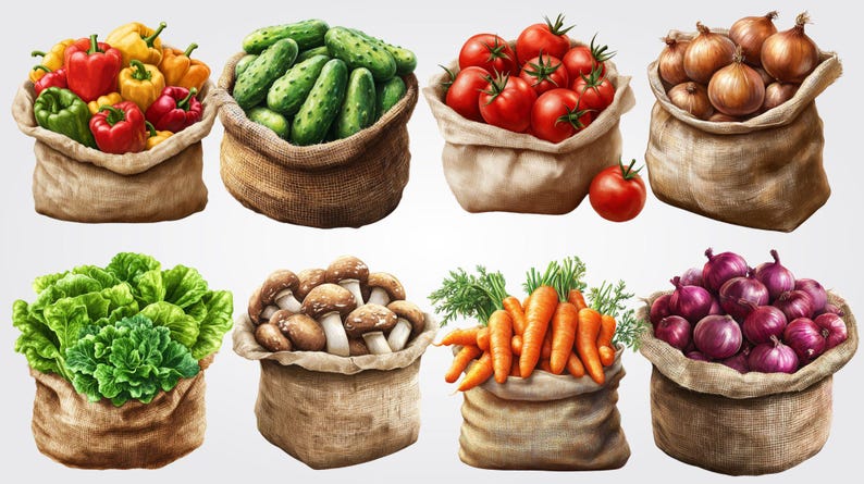 25 Vegetable Bags Clipart, Rustic Pngs of Fresh Produce in Burlap Sacks ...