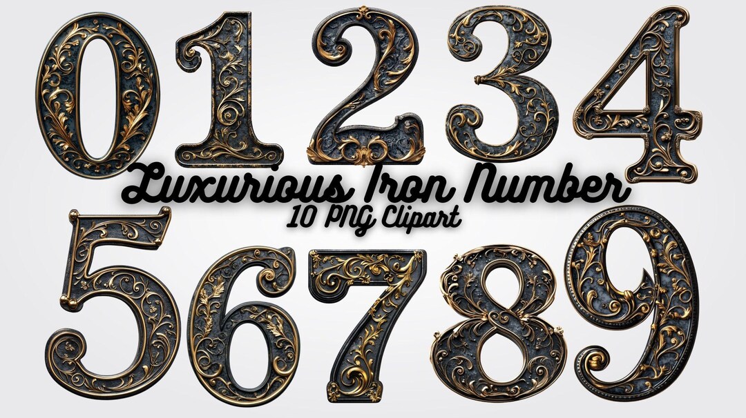 Iron Number Clipart: Gold Accent Metallic Font (PNG Digital Download ...