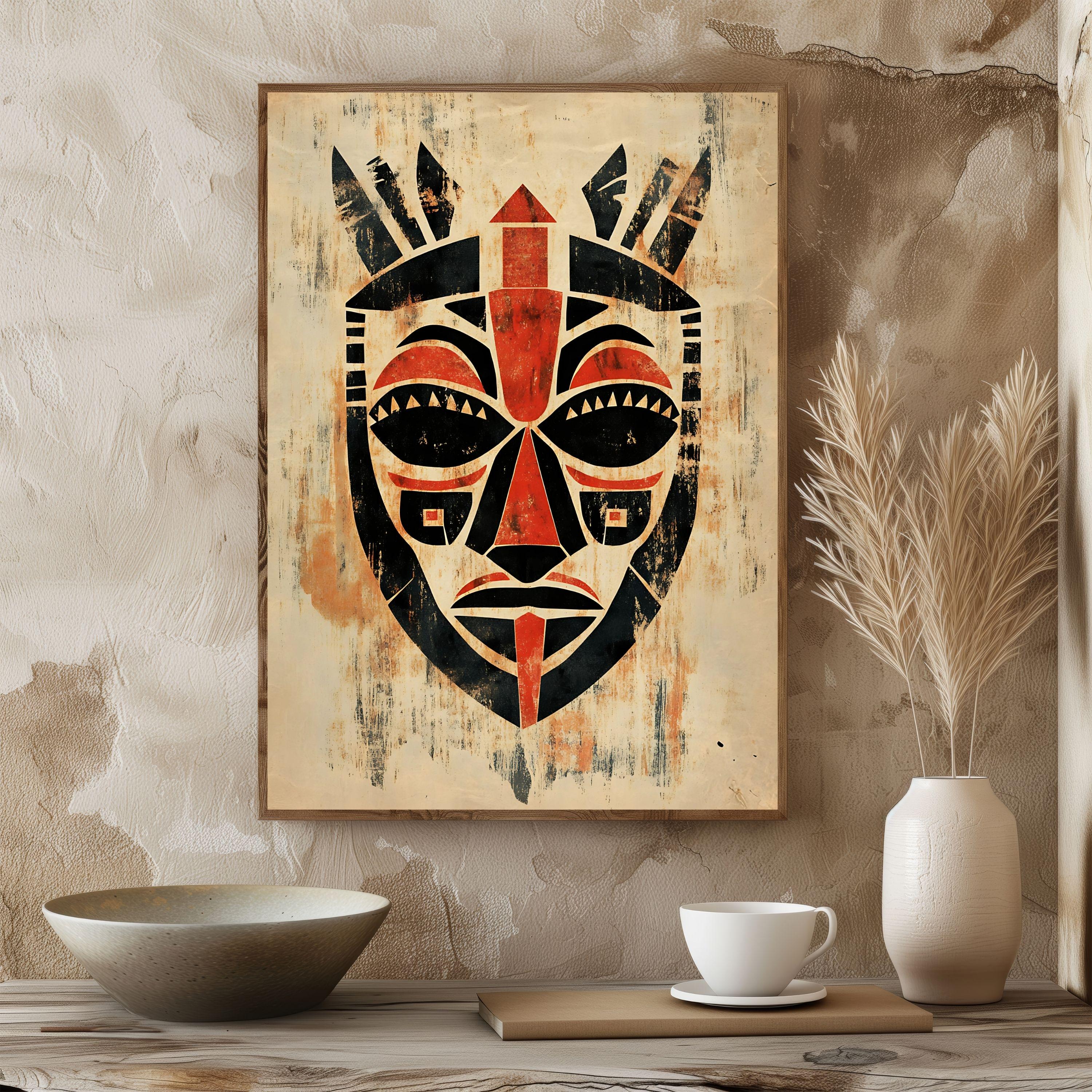 Tribal Mask Wall Art, Bold Linear Ethnic Design in Earthy Reds & Blacks ...