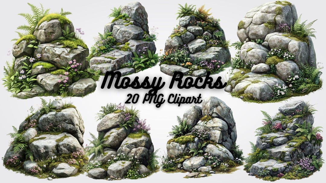 Mossy Rocks Clipart, Rocks Clipart, 20 Realistic PNG Illustrations of ...
