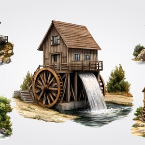 Watermill Clipart PNG: 20 Rustic Mill Illustrations (digital Designs ...