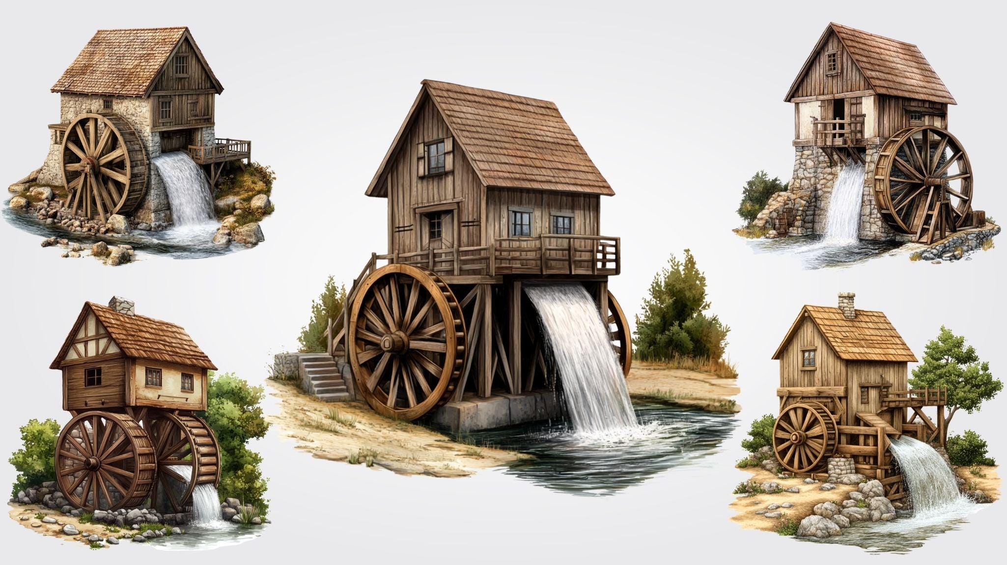Watermill Clipart PNG: 20 Rustic Mill Illustrations (digital Designs ...