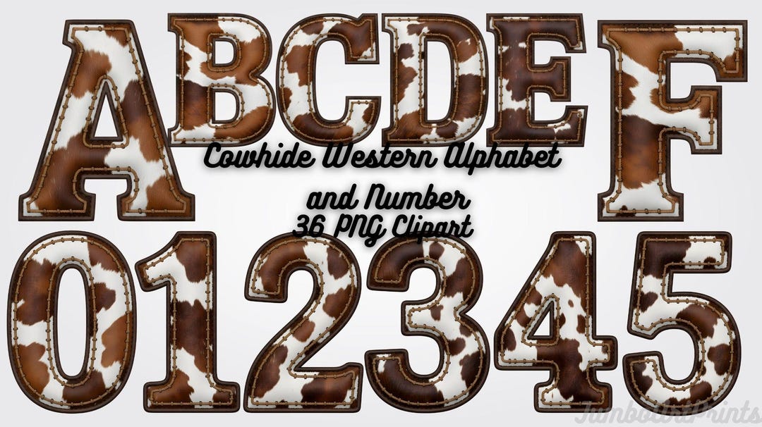 Cowhide Western Alphabet Clipart – Cowboy Font, Faux Embroidery (PNG ...
