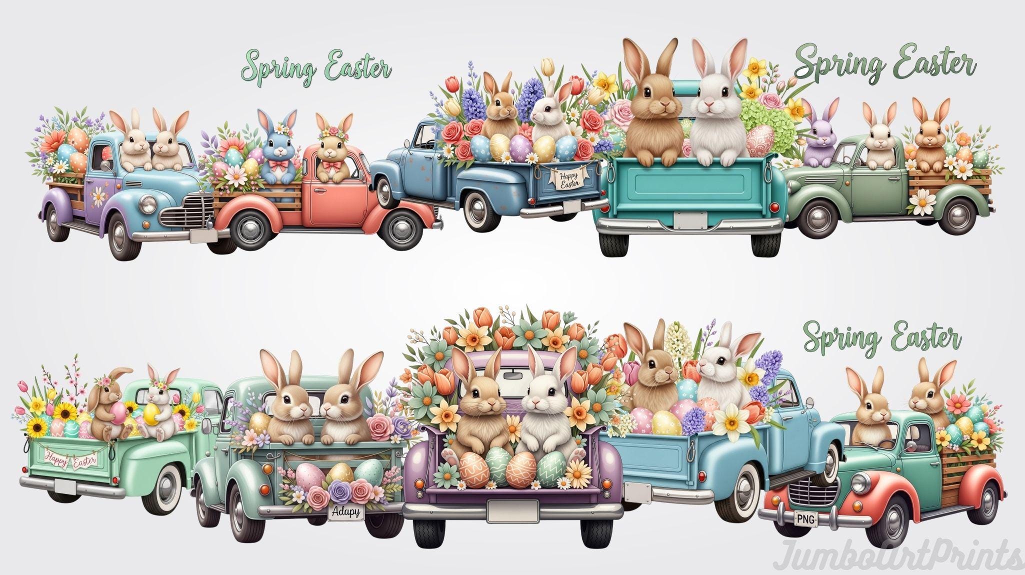 Easter Bunny Truck Clipart PNG Bundle, Vintage Farmhouse Spring ...