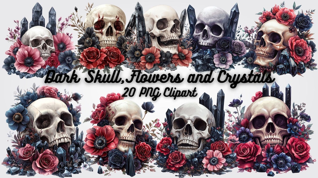Gothic Skull Flowers Crystals Clipart: Witchy PNG Bundle (digital Print ...