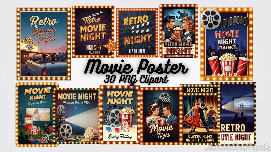Retro Movie Night Poster Clipart - Vintage Cinema Light Frame Posters ...