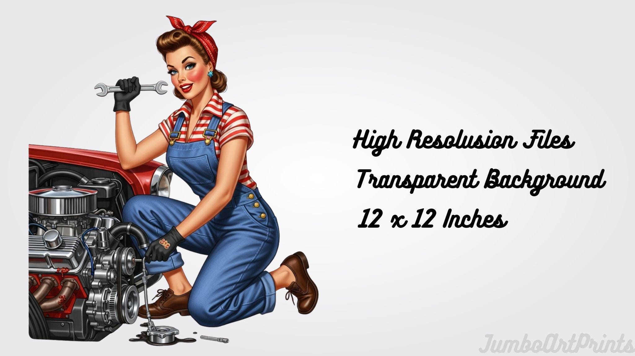Vintage Pin-up Girl Mechanic Clipart, 1950s Rosie Style PNG (digital ...