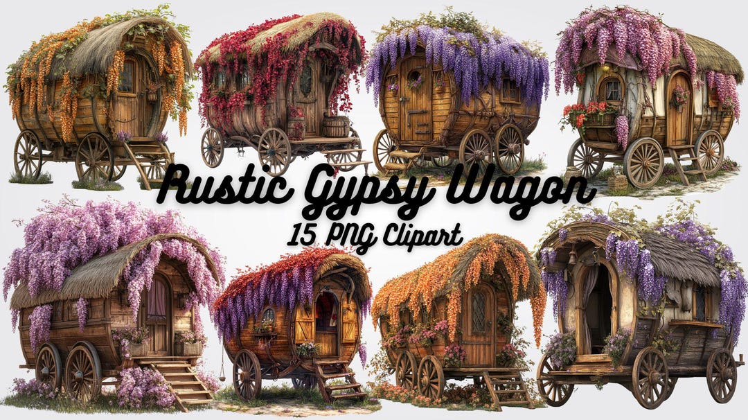 15 Rustic Gypsy Wagon Clipart, Wagon Clipart, PNG Images for Boho ...