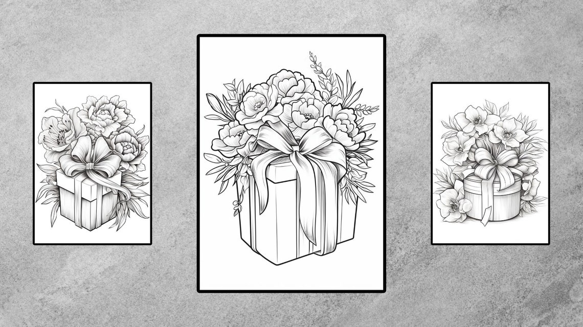 50 Flowers Giftbox Coloring Pages for Adults and for Kids Grayscale ...