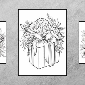 50 Flowers Giftbox Coloring Pages for Adults and for Kids Grayscale ...